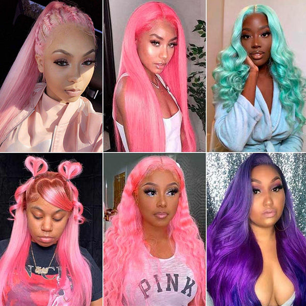 Pink Colored Human Hair Wigs For Women Body Wave Lace Front Wig Pre pl