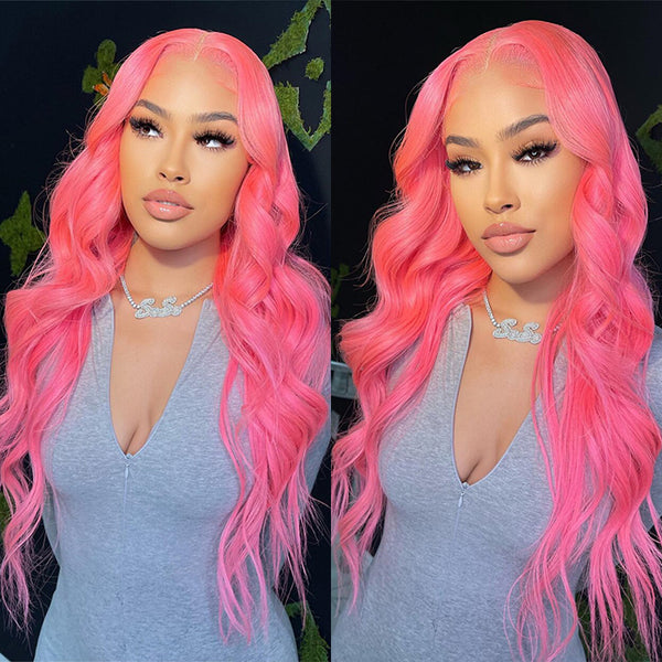 Pink Colored Human Hair Wigs For Women Body Wave Lace Front Wig Pre pl